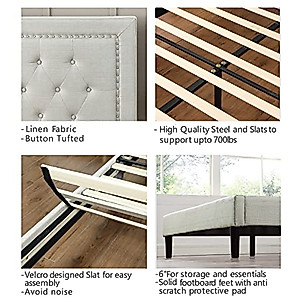 Full Upholstered Platform Bed Frame with 48" Tall Adjustable Headboard - Button Tufted Linen Velour Bed - Wood Slat Support with Storage Space - No Box Spring Needed - Beige - Oliver & Smith - Berlin