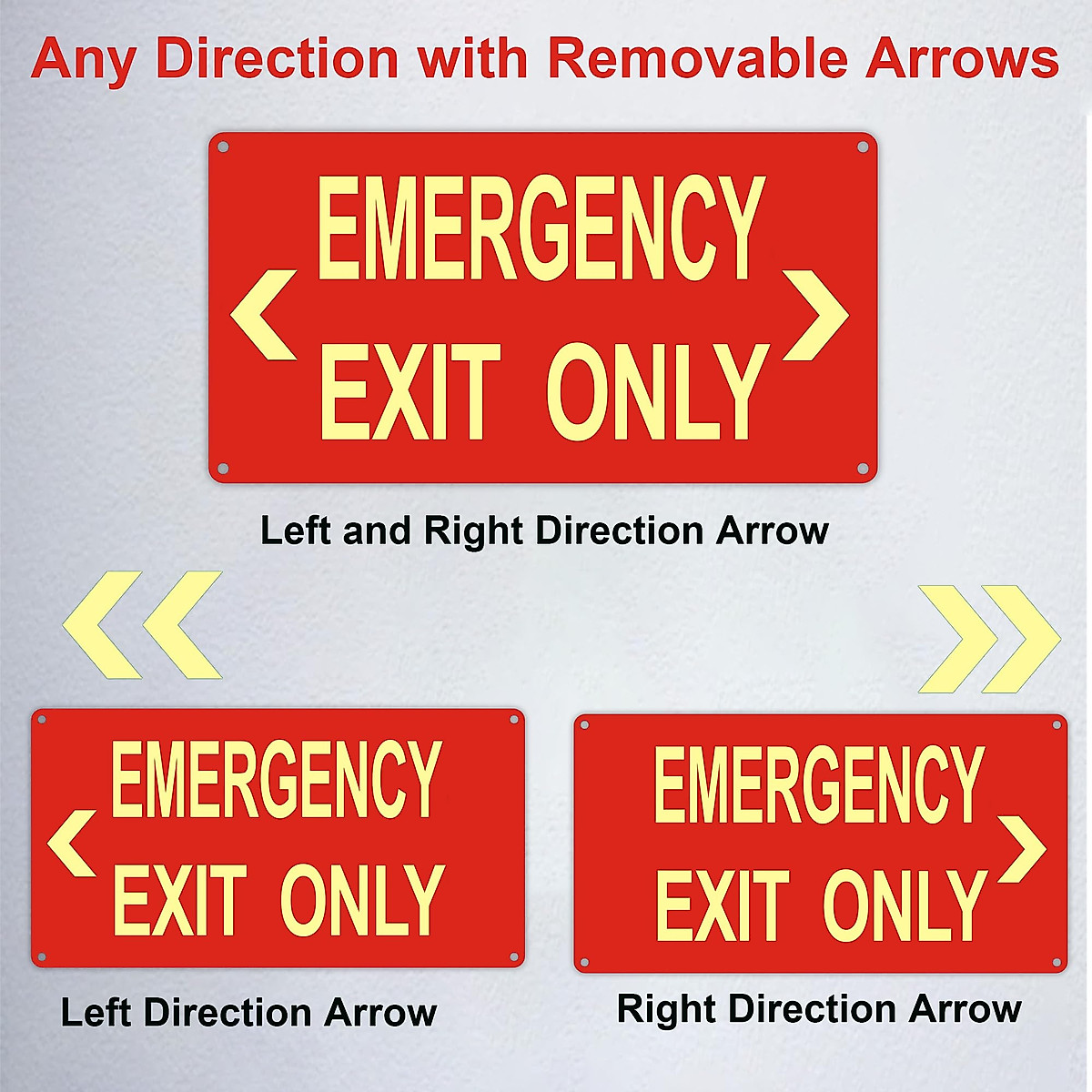 (2Pack) Photoluminescent Emergency Exit Sign Red, Glow In The Dark Aluminum Exit Sign - Adhesive Backing - 4pcs Removable Arrows Included - 14.25 x 7.5 Inches - Non Electrical Exit Sign
