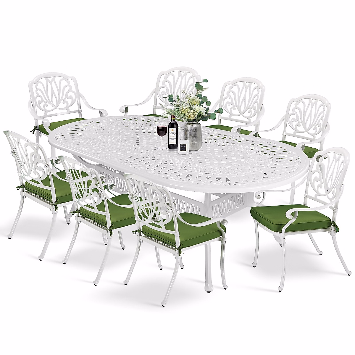 MEETWARM 9-Piece Outdoor Patio Dining Set- 8 Outdoor Dining Cushioned Chairs and 1 Oval Table with 2" Umbrella Hole, All Weather Cast Aluminum Patio Funiture Set for Backyard, White