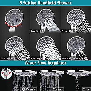 8'' High Pressure Rainfall Shower Head/Handheld Shower Combo with 11'' Extension Arm, Height/Angle Adjustable, Stainless Steel Bath Shower Head with Holder, 1.5M Hose, Chrome, 4 Hooks