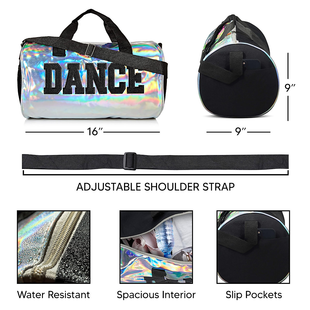Holographic Dance Duffle Bag for Girls, Kids Travel Bag with Adjustable Carry on and Handy Pouch, Dance Accessories for Girls, Teens - 16 L