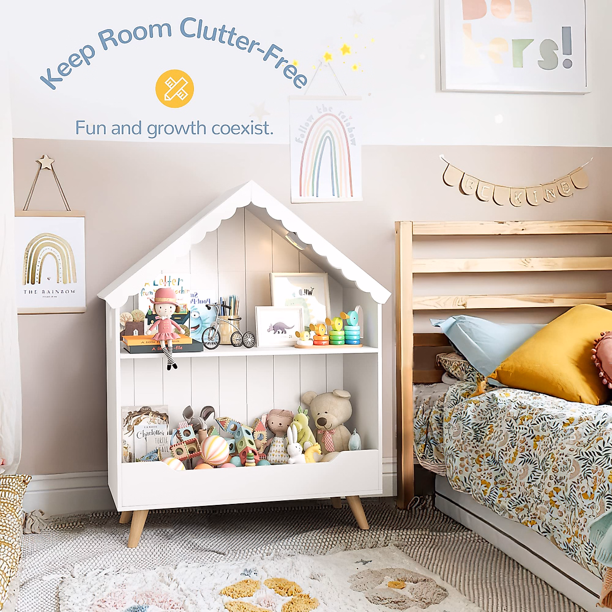 Curipeer Kids Dollhouse Bookshelf, Wooden Bookcase Storage with Motion-Activated Light, 2-Tier Open Display Organizer for Toys and Books, Baby Bookshelf for Birthday, Christmas, White