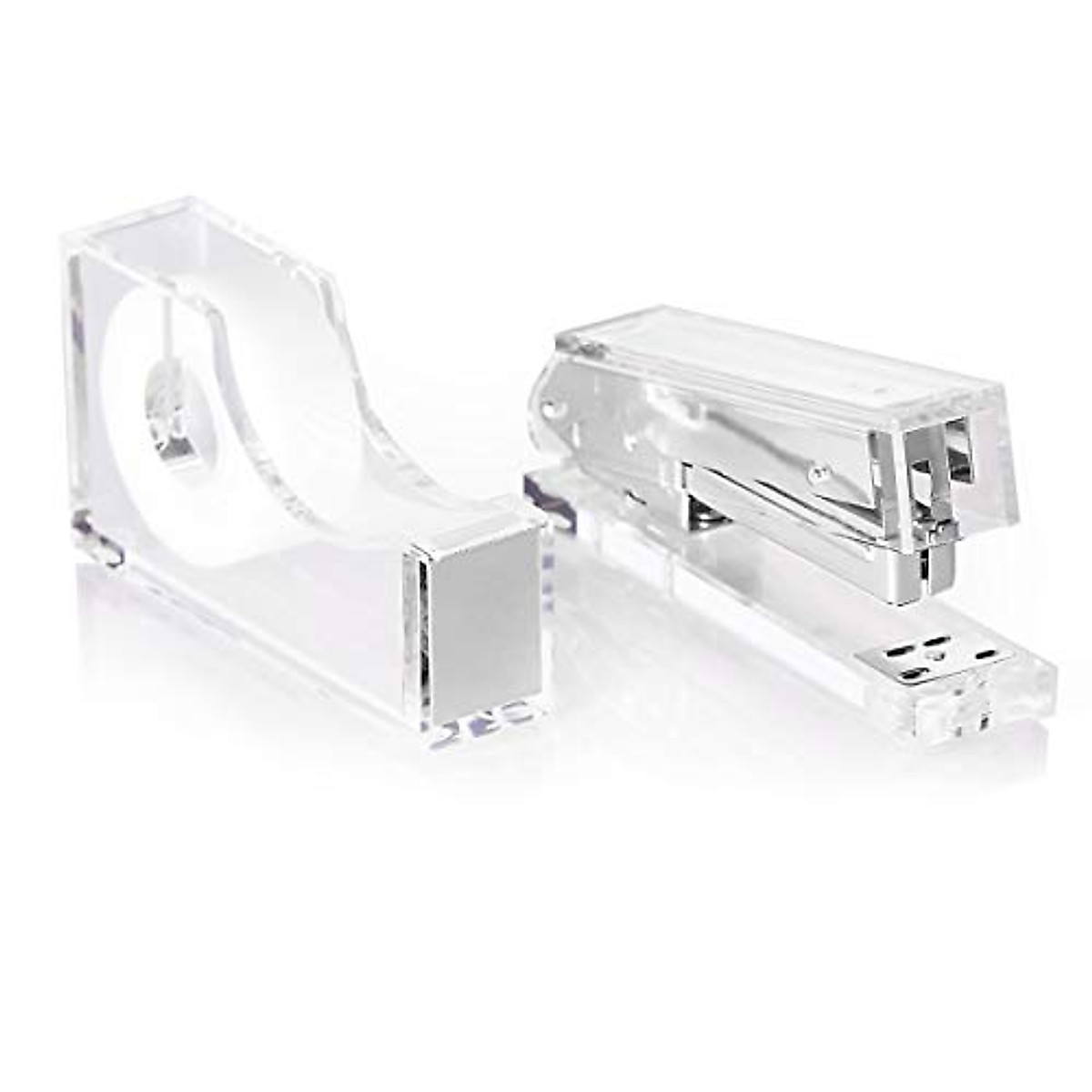 Silver Acrylic Lucite Bundle | Premium Stapler, Tape Dispenser, Scissors, Staple Remover, & Ruler Gift Set | Clear Stationery & Desk Accessories | Modern, High End, Chic, Luxury Office Goods