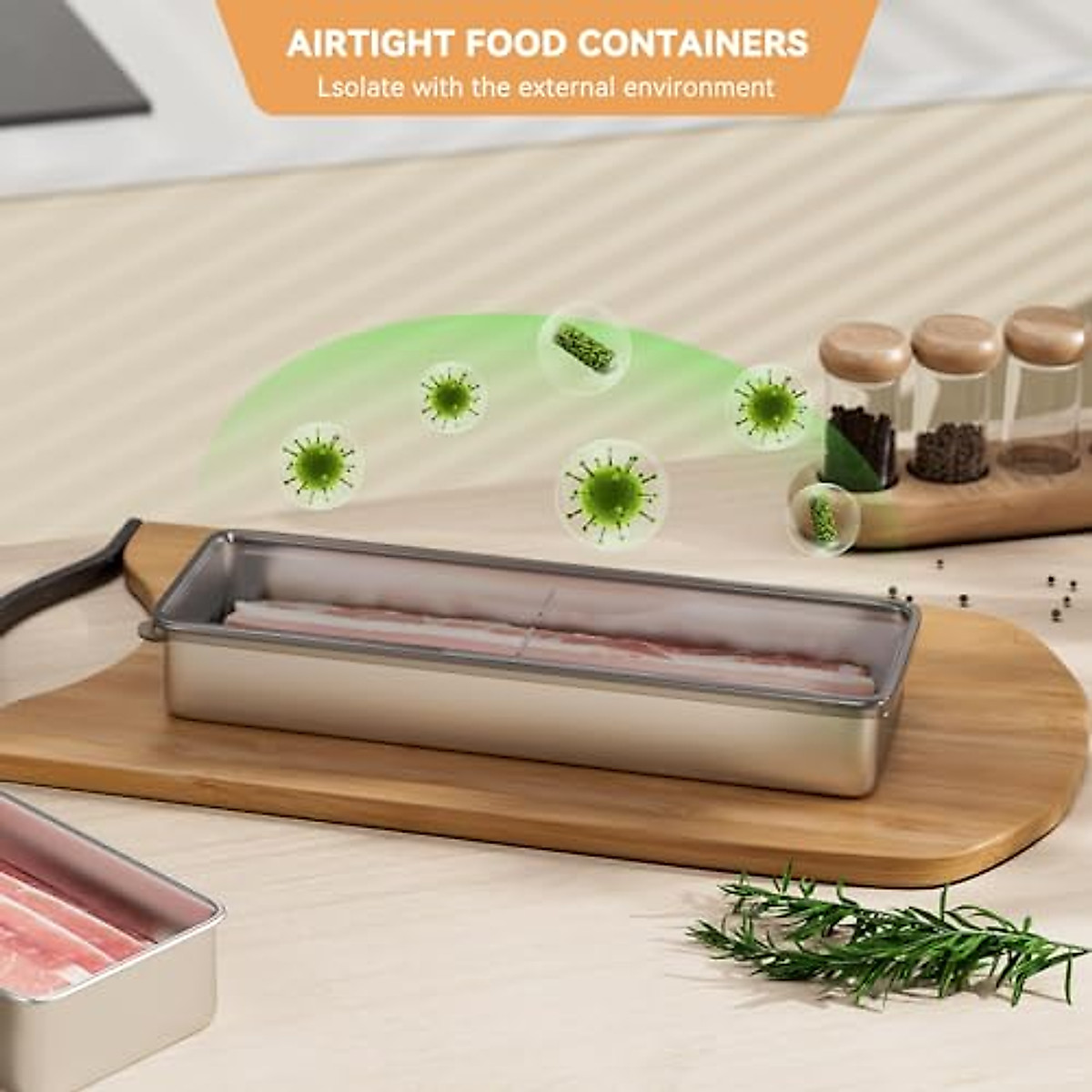 2 Pcs Bacon Container for Refrigerator, 304 Stainless Steel Airtight Deli Meat Storage Containers with Clear Lid and Non-Slip Bottom,for Kitchen Fridge Organizers and Storage (Square+Rectangular)
