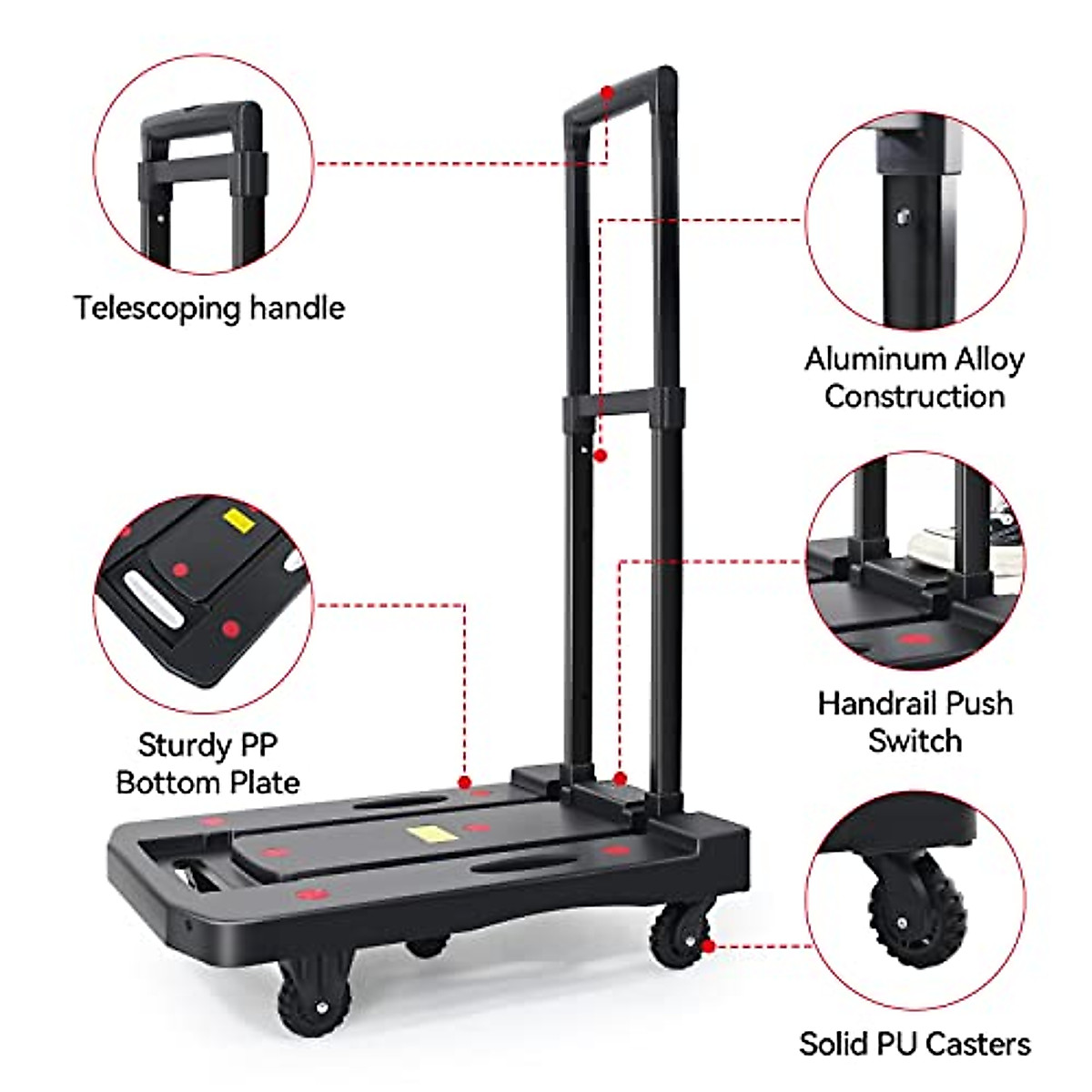Trolley Folding Hand Truck Flatform Cart Load 375 lb Five Wheel Platform Truck Foldable Utility Luggage Folding Dolly, Travel Shopping Moving Office…