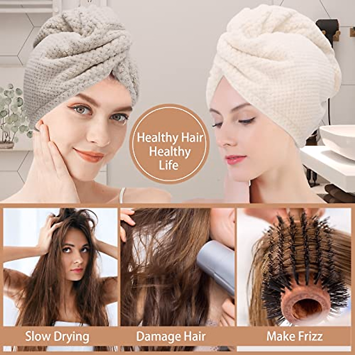 CZZXI 3 PCS Microfiber Hair Towel, Hair Wraps for Women Wet Hair, Fast Drying Hair Turban, Anti Frizz Head Towels Wrap for Curly Hair (Beige, Khaki, Grey)