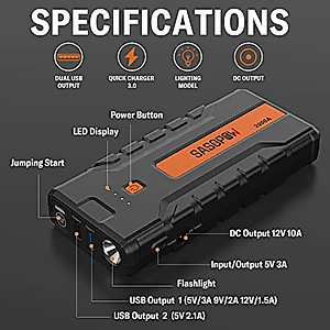 SASOPOW Car Jump Starter, 2000A Peak Battery Starter for 8.5L Gas and 7.0L Diesel Engines, 12V Lithium Jump Box for Vehicles, Battery Booster with USB QC3.0, Jump Pack with Built-in LED Light