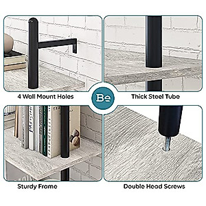 Bestier 70" Industrial Wall-Mounted Ladder Shelf 5 Tier Bookshelf with Storage Organizer Plant Flower Display Stand Round Tube Bookcase Rack with 2 Hooks for Home Office, Gray