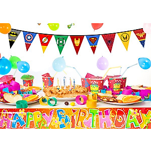 Superhero Theme Happy Birthday Banner for Kids Adults Fabric Banner Background for Birthday Party Decorations Pennant Banner Garland Decor for Kids Boys Girls Baby Shower Birthday Party Favor Supplies