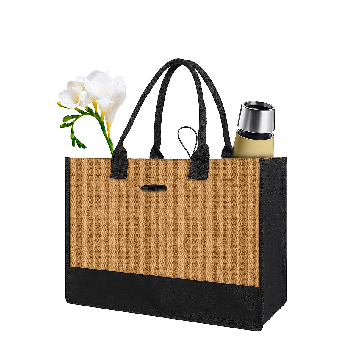 Aricsen Large Canvas Shopping Tote Bag with Handles for Women Gift Grocery Beach Holidays, Reusable Blank Clearance Eco Burlap Cloth Jute Fabric Handbag for Kitchen, Black & Brown