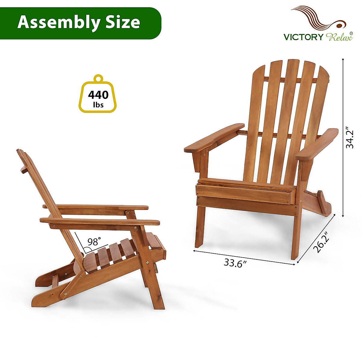 VICTORY RELAX Collapsible Adirondack Chair, 440 LBS Ergonomic Wooden Patio Armchairs with Waterproof and UV Protection Coating, Recliner Chair for Deck, Lawn, Backyard, Garden, Poolside, Fire Pit