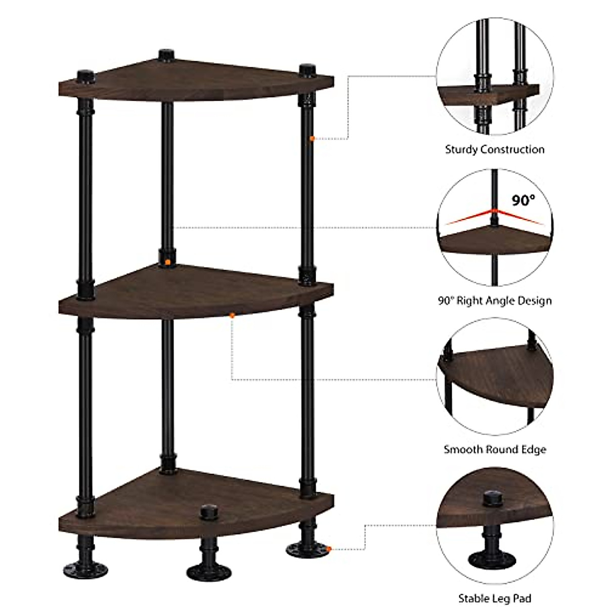 3 Tier Corner Shelf Stand Wood Corner Display Rack Small Industrial Corner Standing Storage Shelf Bookshelf Plant Stand for Small Space Bedroom Living Room Kitchen Brown