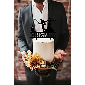 Yuezoloz Funny Fishing Wedding Cake Topper - Just Wait a Second - The Bride Urges Groom to Get Married,Fishing Couple Cake Topper, Mr & Mrs Wedding Cake Topper (Fishing Couple)