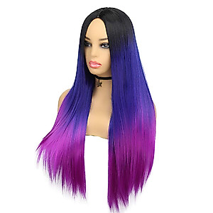 WIGER Long Straight Ombre Wigs Rainbow Mermaid Purple Wigs for Women Black To Blue To Hot Pink No Lace Three-Tone Colored Cosplay Hair 26 Inches Synthetic Girls Party Wig