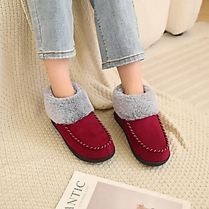 VONMAY Women's Bootie Slippers Suede Moccasin Boots Fuzzy Plush Faux Fur House Shoes Winter Warm Memory Foam Non-slip Indoor Outdoor, Red, Size 11