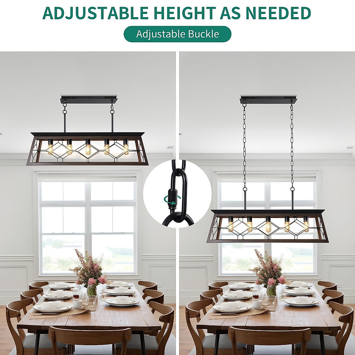 YITAHOME 5-Light Pendant Lights Island Fixture, Farmhouse Rustic Rectangular Chandelier for Dining Room, Kitchen, Living Room, Entryway, UL Listed, Bronze