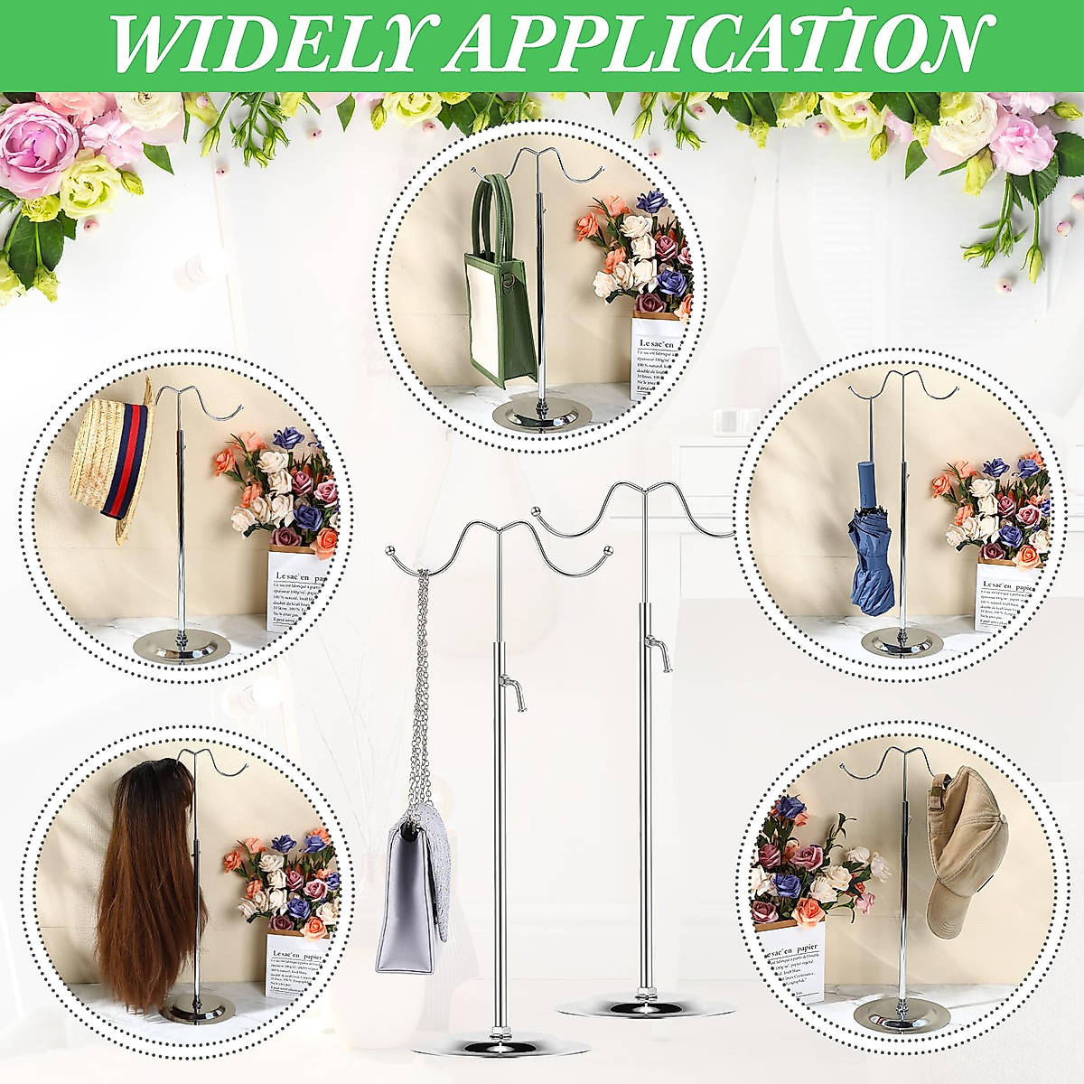 Nuenen 4 Pcs Double Hook Purse Display Stand Adjustable Stainless Steel Handbag Display Stand Metal Freestanding Bag Stand Holder for Purse Hat Wig Handbag