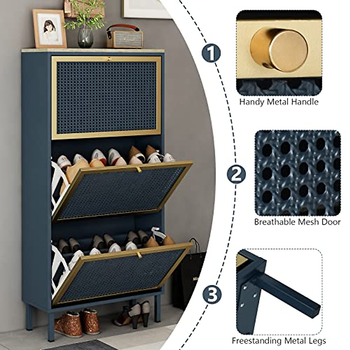 Sweiko Entryway Shoe Storage Cabinet with 3 Flip Drawers Metal Door Shoe Cabinet Organizer with Mesh Door Freestanding Shoe Rack Storage Cabinet with Wooden Top for Hallway Bedroom Mudroom Blue-Gray