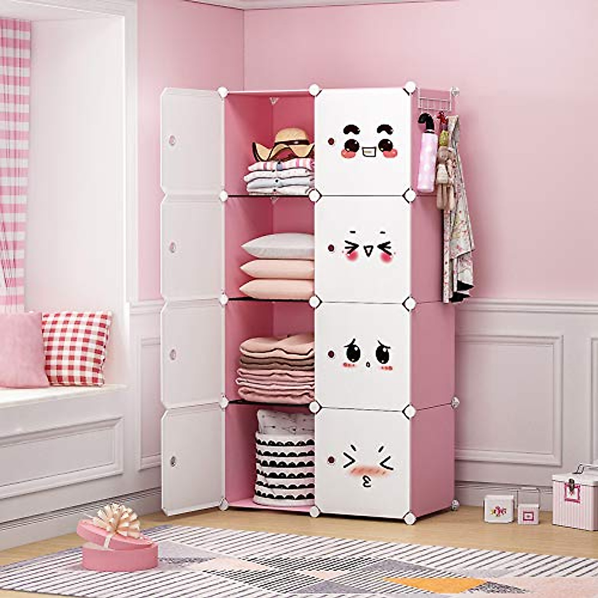 YOZO Cube Storage Organzier Portable Closet Wardrobe Bedroom Dresser (28x14x56 inches) Portable Closet Cube Shelf Armoire Pantry Cabinet, 8 Cubes, Pink