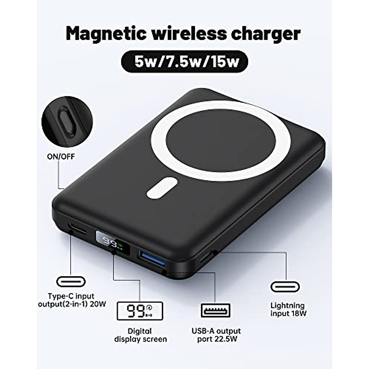 Yiisonger Magnetic Wireless Portable Charger, Foldable 10000mAh Battery Pack with USB-C Cable LED Display, Magnetic Power Bank 22.5W PD Fast Charging for iPhone 14/13/12/Pro/Mini/Pro Max（Black）