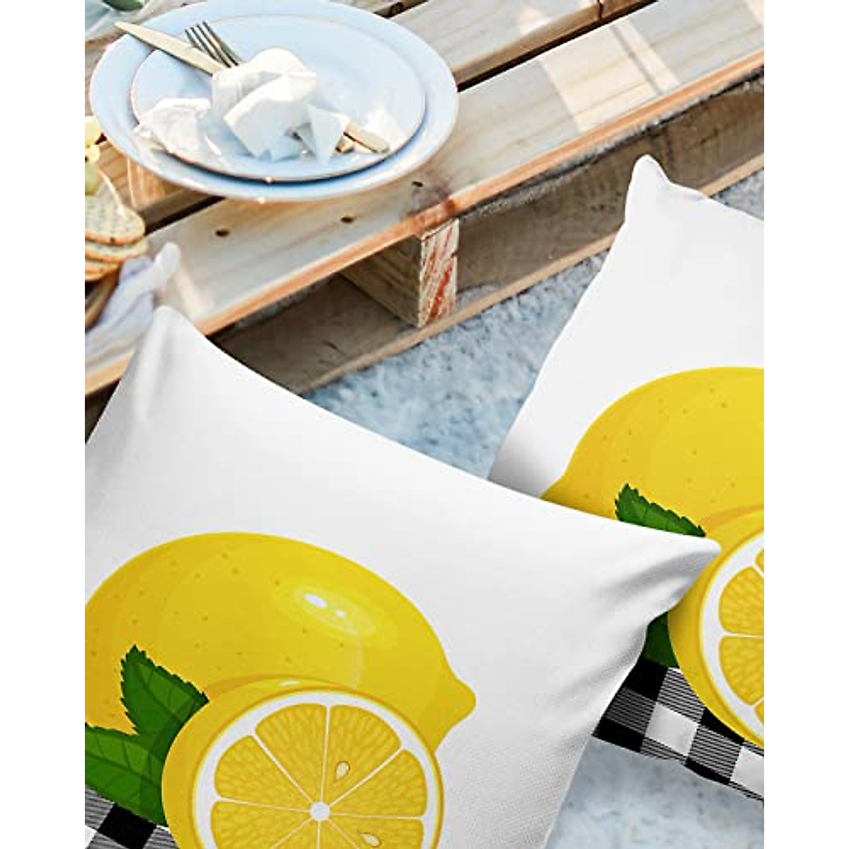 Vandarllin Outdoor Throw Pillows Covers 18X18 Set of 2 Waterproof Lemon Summer Fruit Decorative Zippered Lumbar Cushion Covers for Patio Furniture, Black White Buffalo Check Plaid