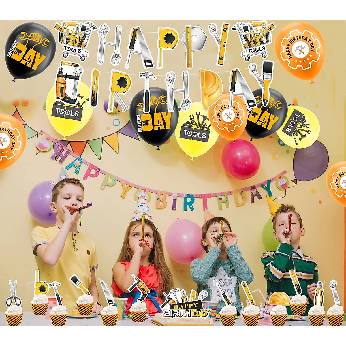 Tools Party Decorations Tools Birthday Party Supplies Includes Toolbox Happy Birthday Banner, Cake Topper, Cupcake Topper, Balloons for Tools Themed Party