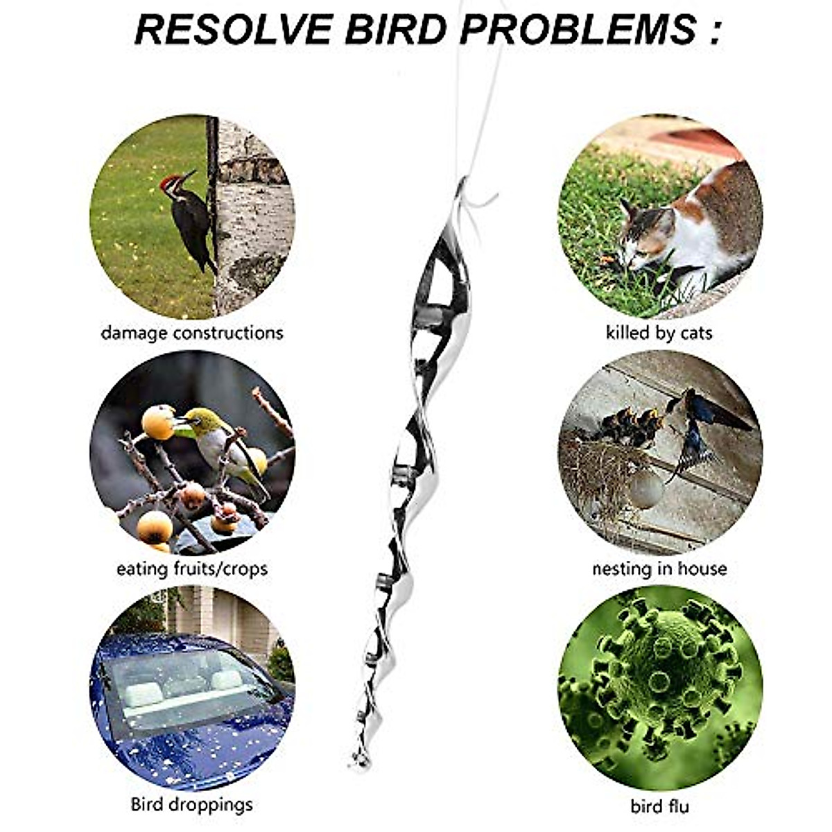 Home-X Bird Repellent Reflective Scare Rods-Ornaments, Outdoor Hawk and Duck Deterrent, Ornamental Spiral Deterrent Control Device-11 (6-Pack)