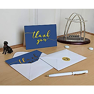 100 Thank You Cards in Navy Blue with Envelopes and Stickers - Bulk Notes Embossed with Gold Foil Letters for Weddings, Graduations, Engagements, Business, Formal, 4x6 Inch