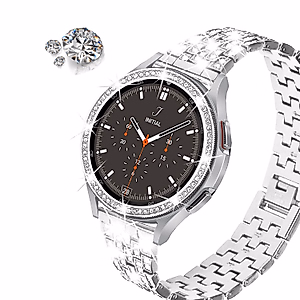 DEALELE Bezel Cover Compatible with Samsung Gear Sport/Galaxy Watch 42mm / Galaxy Watch 4 Classic (42mm), Bling Diamond Stainless Steel Metal Bezel Ring Watch Face Bumper Accessories (Silver)