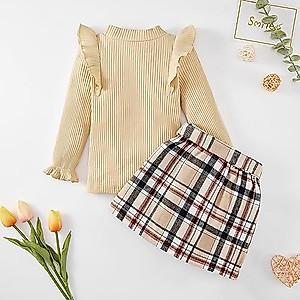 Weixinbuy 4t Girl Clothes Toddler Girl Clothes Fall Outfits Long Sleeve Turtleneck Knitted Sweater Top Plaid Mini Skirts Set Khaki 4-5T