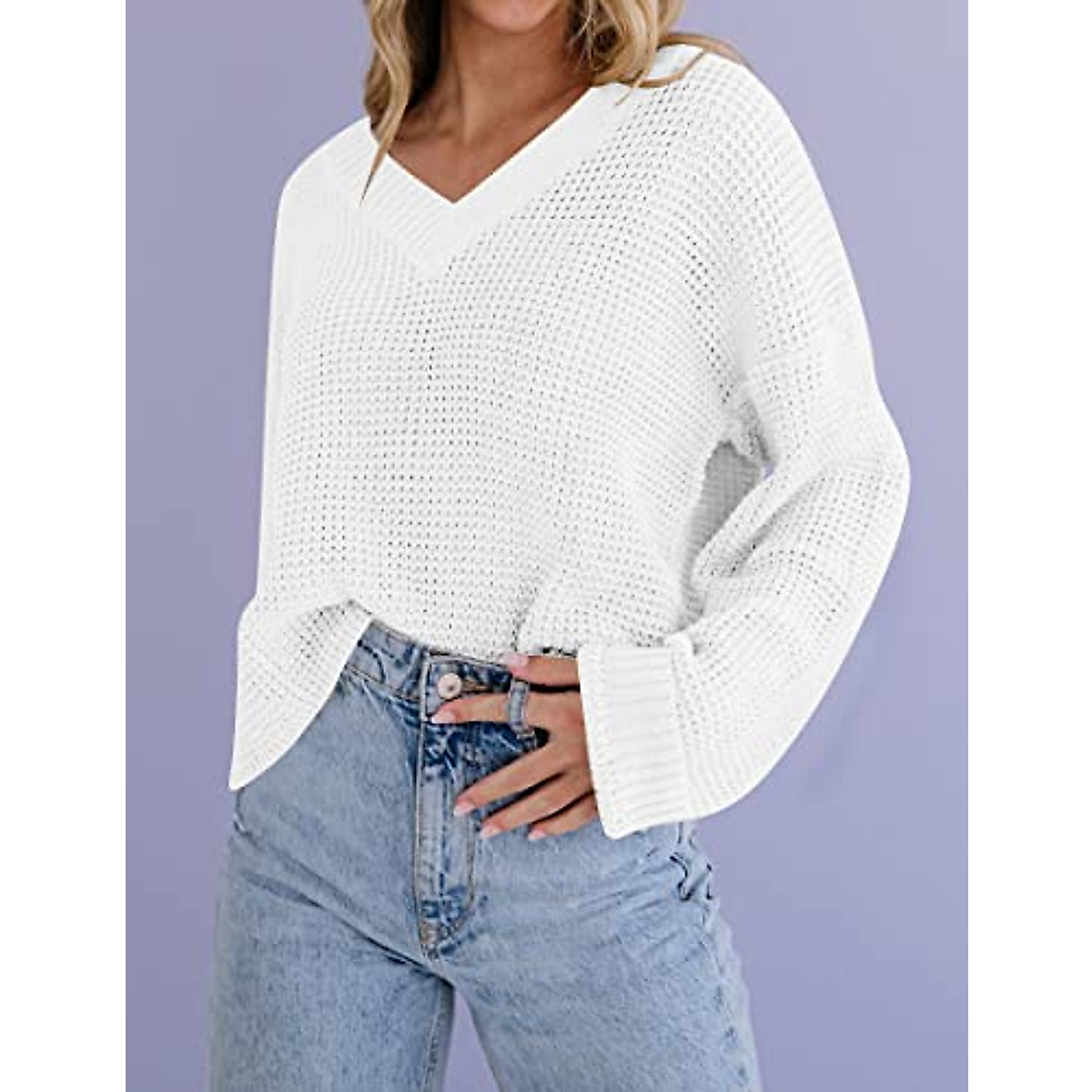 MIROL Women's Waffle Knit Cropped Top V Neck Long Sleeve Pullover Sweater Casual Solid Crop Sweatshirts White