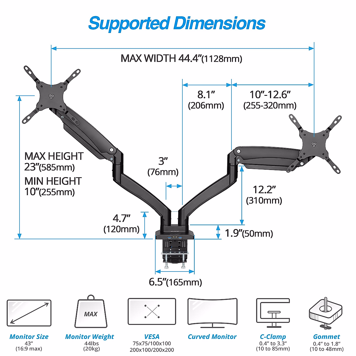 AVLT Dual 13"-43" Monitor Arm Desk Mount fits Two Flat/Curved Monitor Full Motion Height Swivel Tilt Rotation Adjustable Monitor Arm - Black/VESA/C-Clamp/Grommet/Cable Management