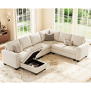 Belffin Velvet Modular Sectional Sofa with Storage Ottoman 6 Seater L Shaped Sectional Modular Sofa Couch with Reversible Chaise Convertible Corner Sectional Couch Beige