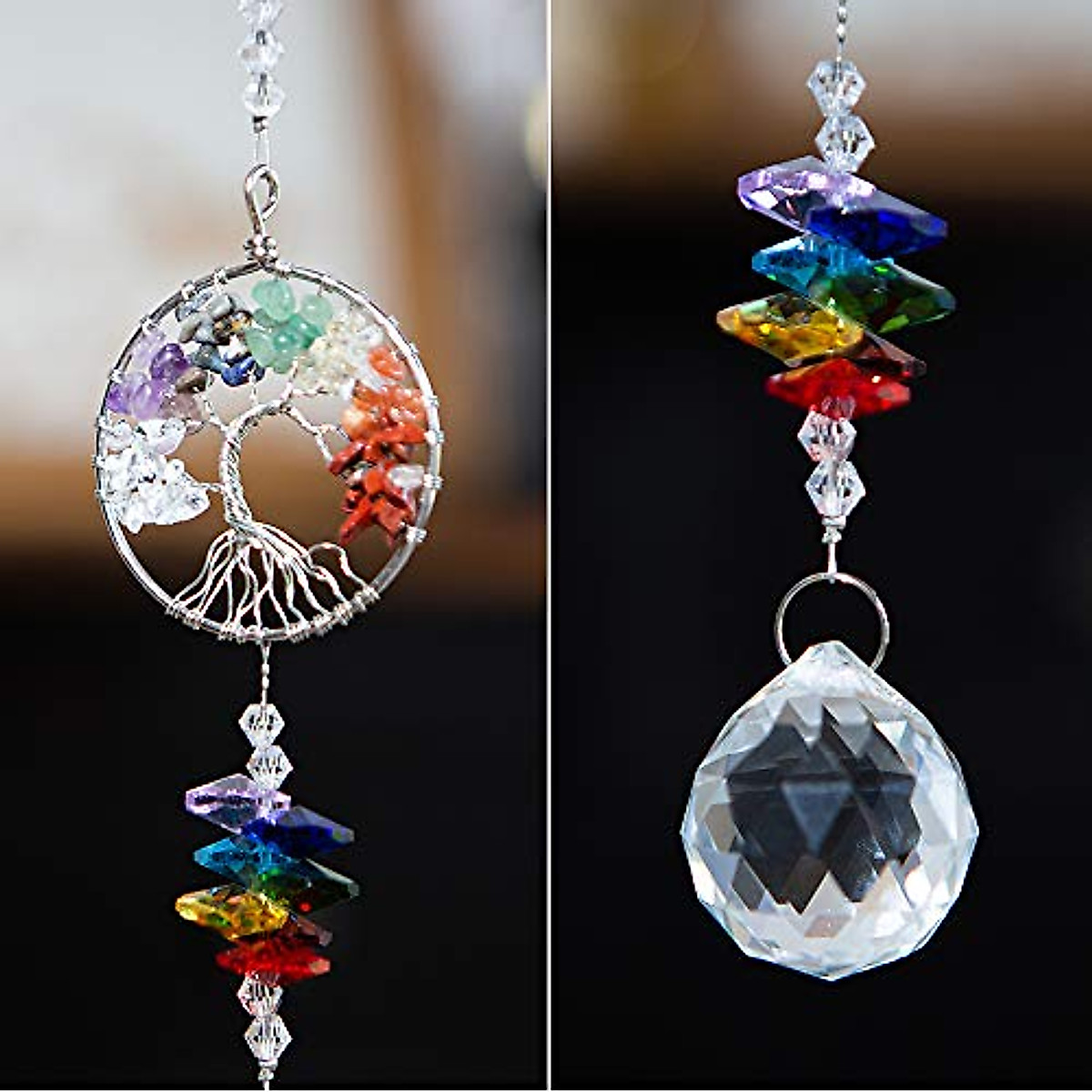 2 Packs Hanging Crystals Suncatcher - Life Tree Crystal Pendant Rainbow Crystal Ornament Crystal Ball Prism Chakra Crystals for Window, Garden, Home Decoration