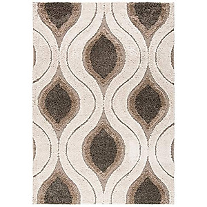 SAFAVIEH Florida Shag Collection Area Rug - 8' x 10', Cream & Smoke, Modern Ogee Design, Non-Shedding & Easy Care, 1.2-inch Thick Ideal for High Traffic Areas in Living Room, Bedroom (SG461-1179)