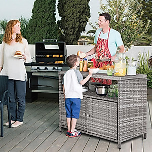 INTOBOO Outdoor Storage Cabinet, Wicker Rattan Storage Cabinet with 2 Doors, Shelves & Polystyrene Top, Durable and Versatile Storage for Patio, Pool, Garden, Indoor, Kitchen, Grey