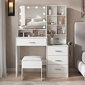 Vabches White Vanity Desk with Mirror and Lights, Makeup Vanity Table with Charging Station, 3 Lighting Modes Brightness Adjustable, 4 Drawers, 8 Shelves, Vanity Set, 38.7in(L)