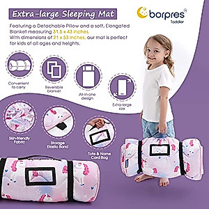 BORPRES Toddler Nap Mat-Nap Mats for Preschool Daycare Boys Girls,Kids Sleeping Mat with Removable Pillow and Blanket,Extra Thick Large Slumber Bag for Travel Camping,Unicorn.