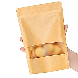 Kingrol 150 Count 5.9 x 8.6 Inch Kraft Paper Bags with Resealable Lock Seal Zipper &Transparent Window, Stand Up Food Bags