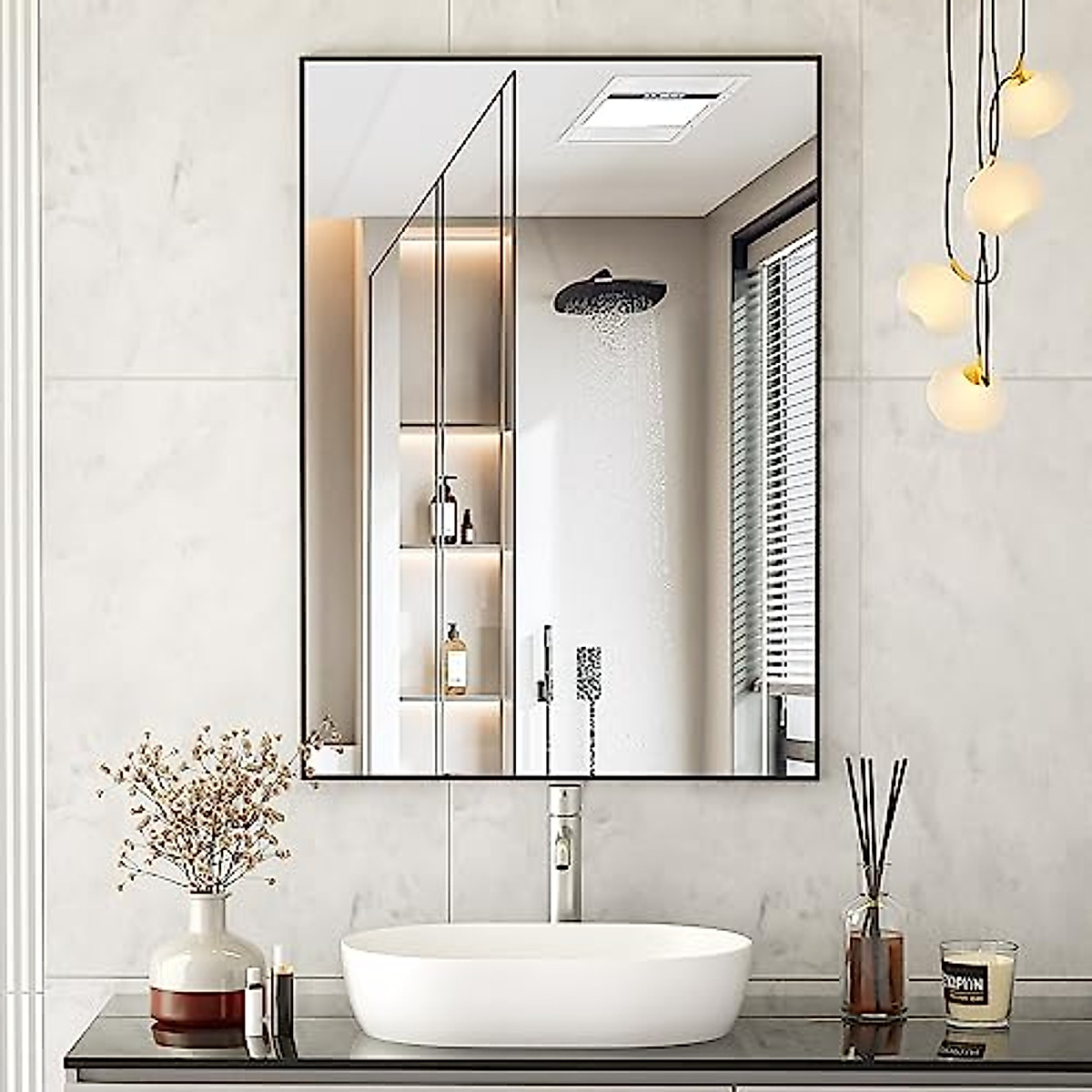 Koonmi 20"x30" Wall Bathroom Mirror, Black Rectangular Wall-Mounted Mirror for Bathroom with Aluminum Alloy Frame Bathroom Mirror Hangs Horizontal or Vertical Ideal for Bedroom Living Room