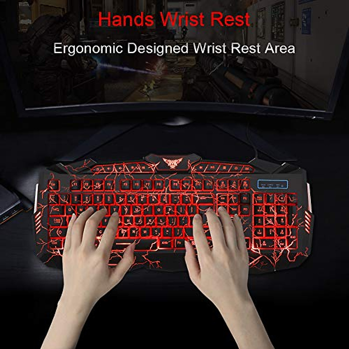 BlueFinger Gaming Keyboard Mouse Headset Combo,USB Wired Crack Backlit Keyboard,114 Keys Letters Glow LED Keyboard,Red LED Light Headset for Laptop PC Computer Work and Game