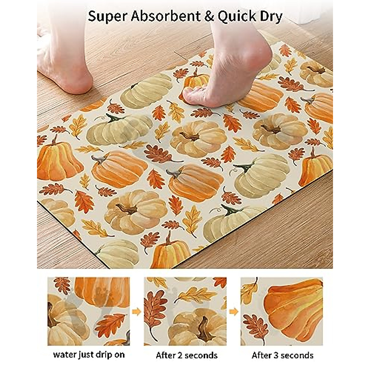Fall Pumpkin Bath Mat for Tub,Non Slip Bathroom Floor Runner Rug Quick Dry & Absorbent Diatomaceous Earth Kitchen Room Shower Sink Washable Doormat,Thanksgiving Orange Harvest Wheat Farmhouse 20"x32"