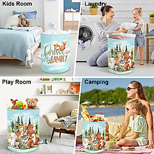 Clastyle 45L Large Blue Jungle Animal Fox Deer Kid Laundry Hamper with Handle Collapsible Rabbit Bear Hedgehog Clothes Toy Storage Basket with Lid for Nursery
