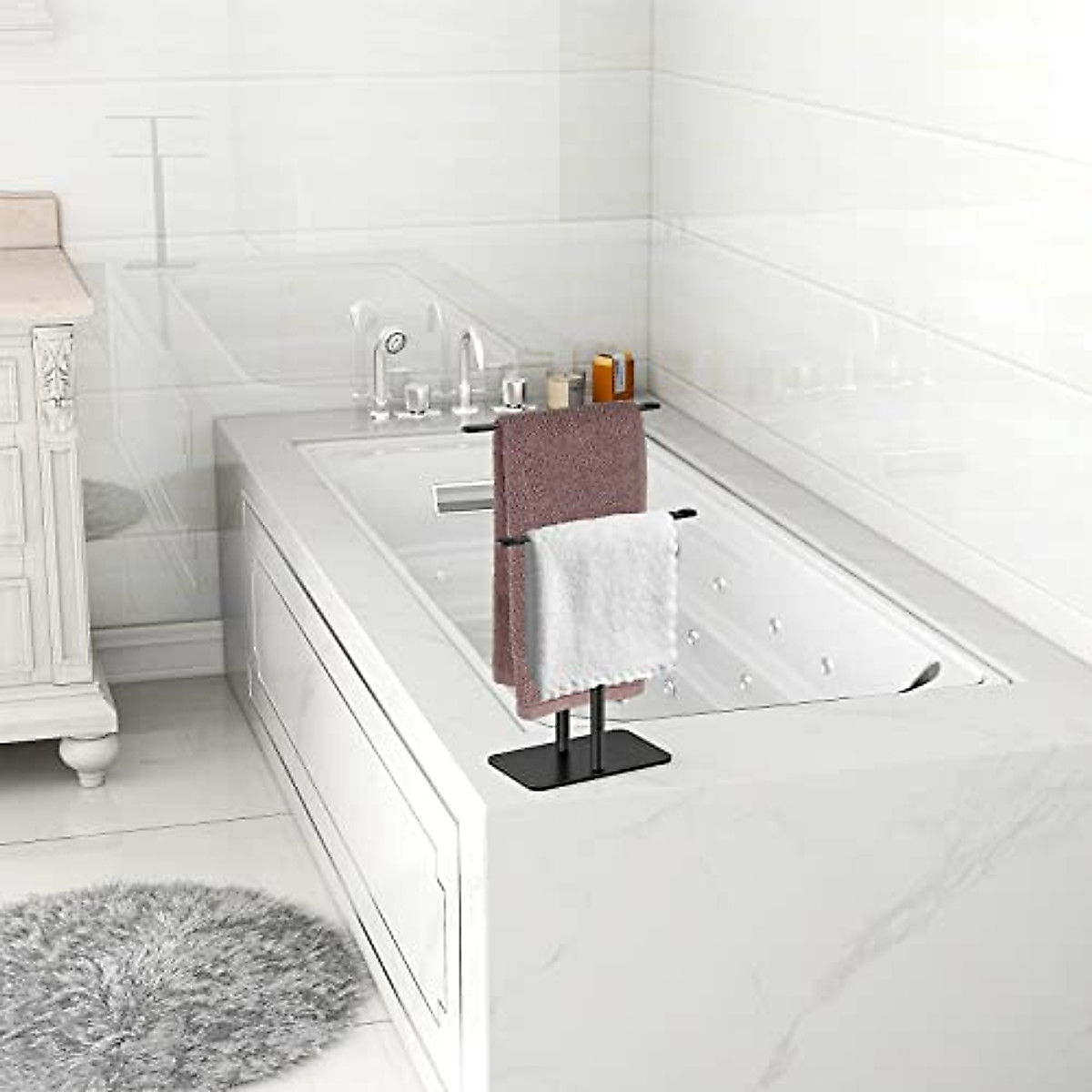 Towel Rack,Hand Towel Holder for Bathroom,Kitchen Hand Towel Rack for Countertop Vanity,Double-T Hand Towel Stand with Base,Metal Towel Stand,Black