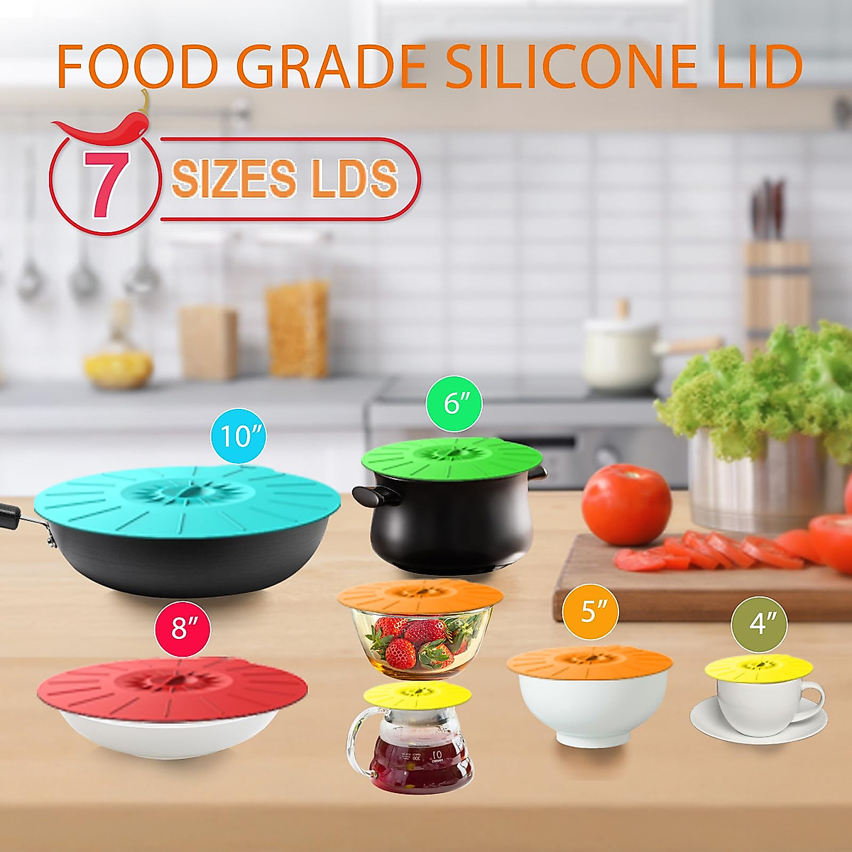 7 Pack Silicone Lids, Microwave Splatter Cover, 5 Sizes Reusable Heat Resistant Food Suction Lids fits Cups, Bowls, Plates, Pots, Pans, Skillets, Stove Top, Oven, Fridge BPA Free,Mothers Day Gifts