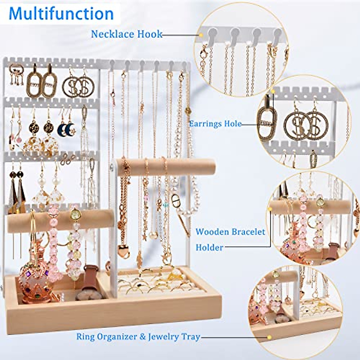 Jewelry Holder Organizer, Earring Holder Organizer with 48 Holes and Ring Tray, 6 Hooks Necklace, Bracelets Holder, 5-Tier White Jewelry Rack for Watch, Piercing, Stud, Jewelry Organizer, Room Decor