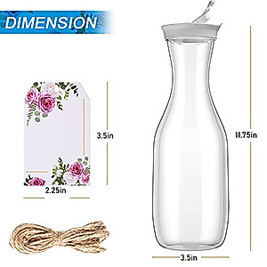 4 Pack Clear Plastic Water Carafes 50 Oz Beverage Pitcher Carafe with Flip top Lids and 16.4 Ft Rope 30 pieces Paper Cards for Tea Juice Water iced Coffee, Narrow Neck Design