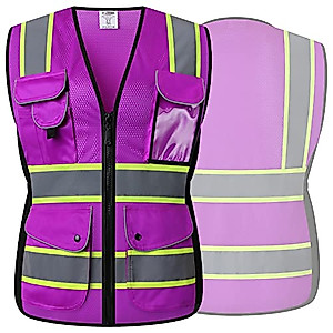JKSafety 9 Pockets Women Hi-Vis Reflective Safety Vest | Mesh Neon Purple | Reflective Strips with Yellow Extended Trims | ANSI Compliant (168-Purple, L)