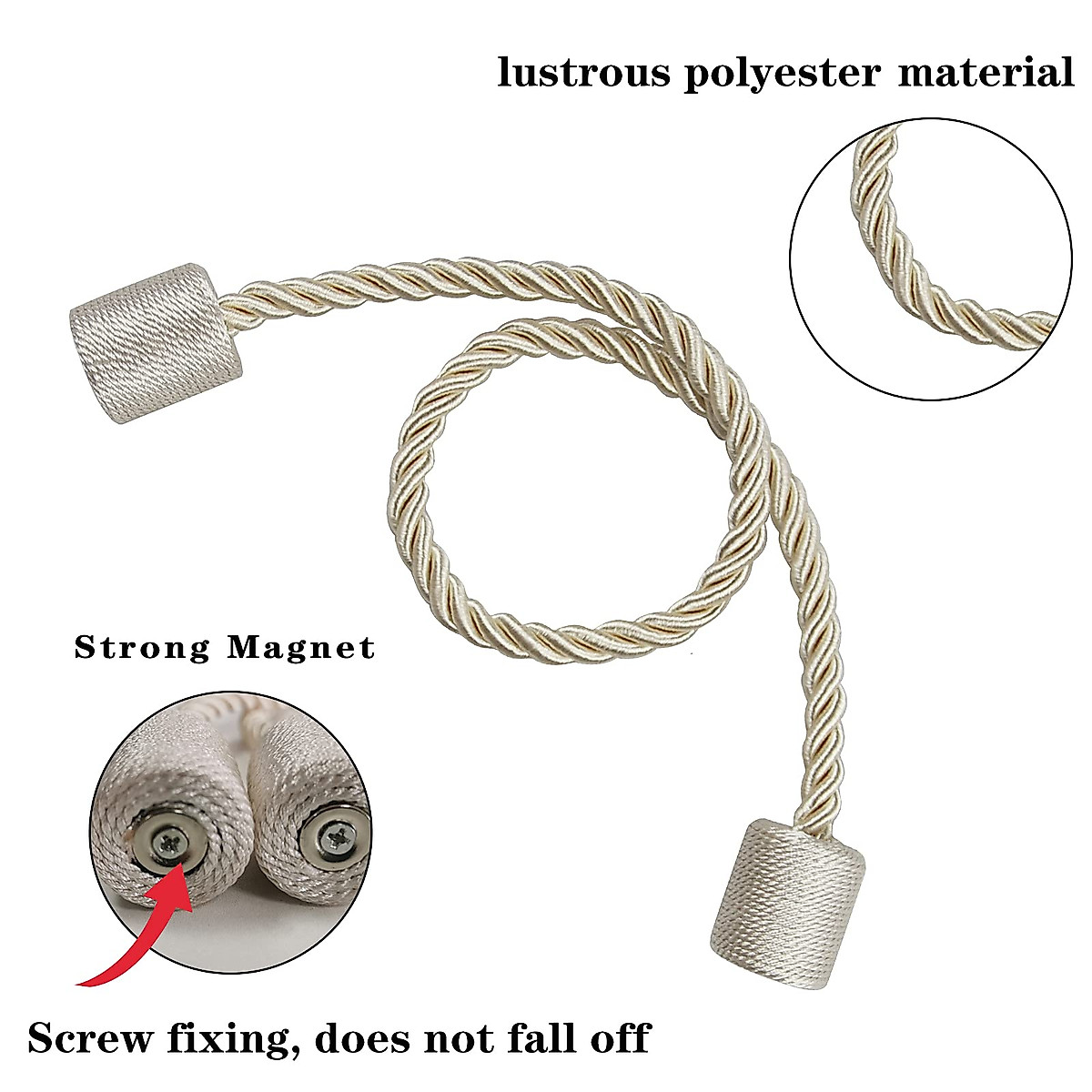 Porlau 2 Pack Beige Strong Magnetic Curtain Tiebacks Outdoor Elegant Decorative Tie Backs Modern Rope Tiebacks for Drapes Window Curtain Holdbacks for Draperies