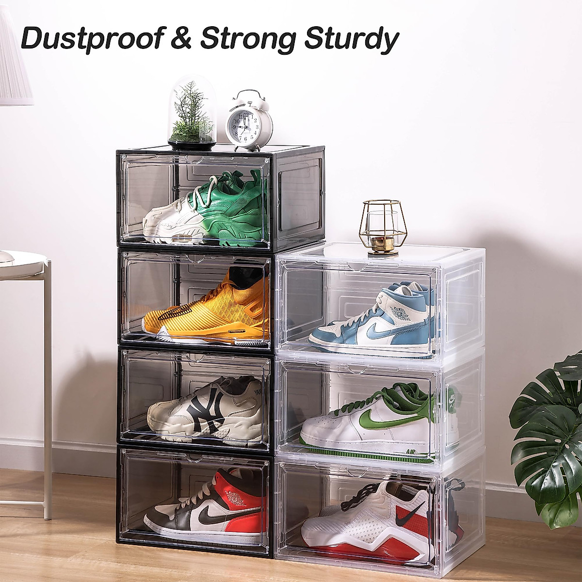 Attelite Upgraded Large Clear Shoe Storage Box Stackable, 8 Pack Thicken Plastic Shoe Containers, Drop Side Front Shoe Storage Organizer for Display Sneakers